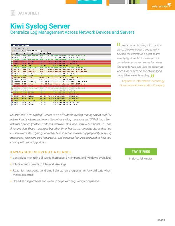Kiwi Syslog Server Datasheet | SolarWinds