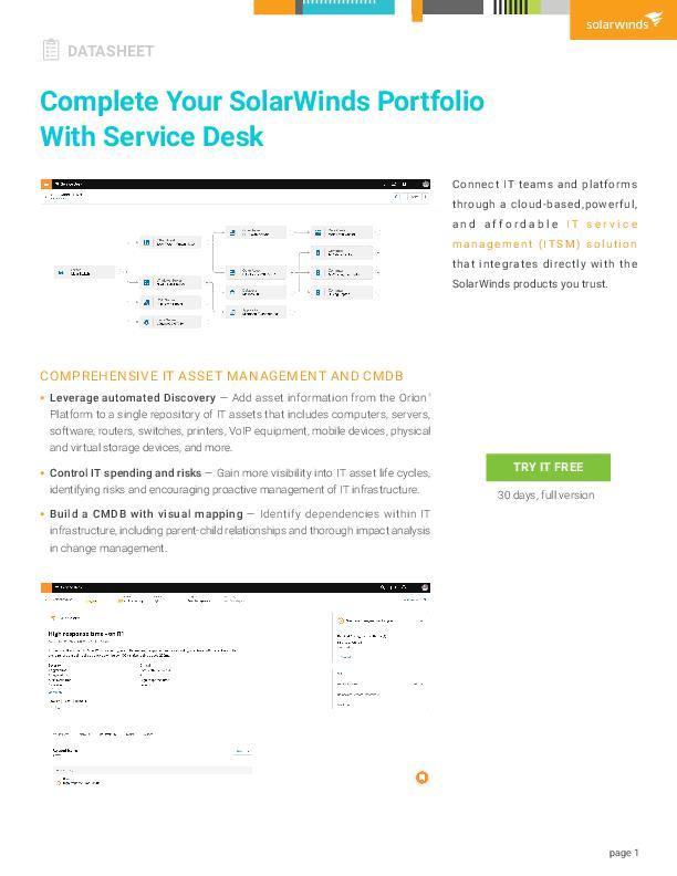 Complete Your SolarWinds Portfolio With Service Desk Datasheet | SolarWinds